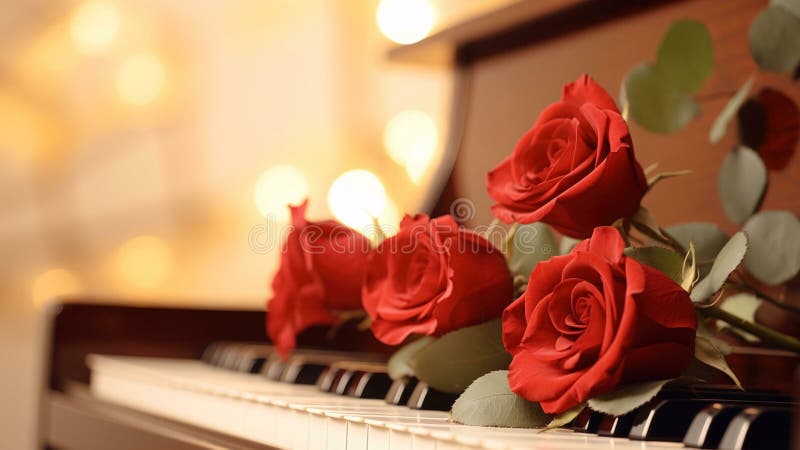 Red Rose on Piano Rose and Piano Rose on Piano Keys Stock Illustration ...