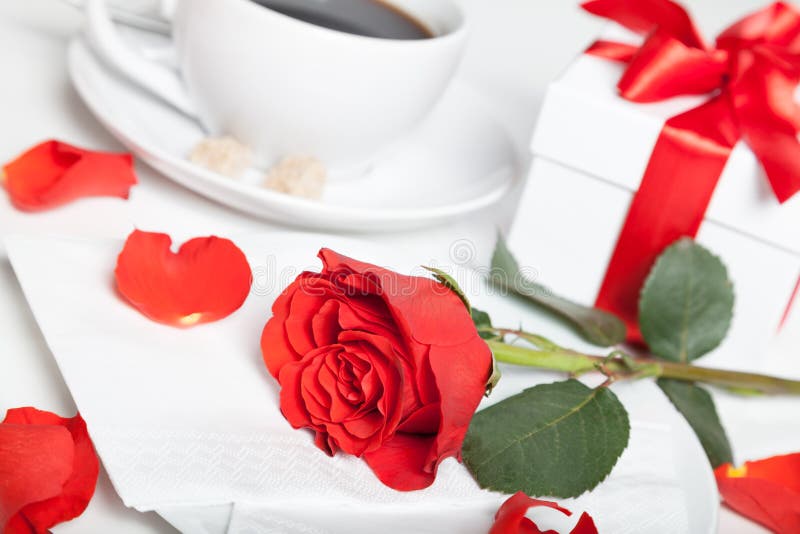 Red Rose, Present Box and Coffee Stock Photo - Image of romantic ...