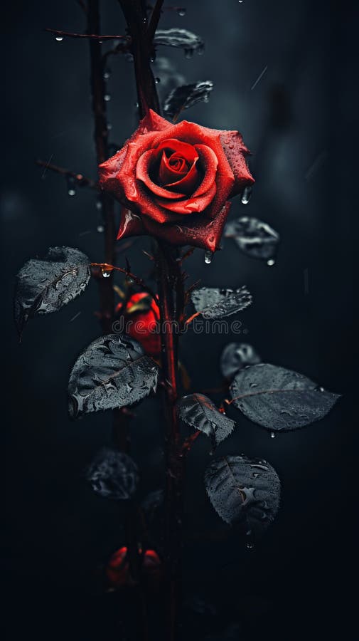 A Red Rose in the Rain on a Dark Background Stock Illustration ...