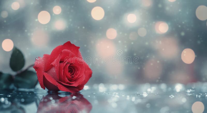 A Red Rose Resting on a Reflective Surface after Rainfall with Blurred ...