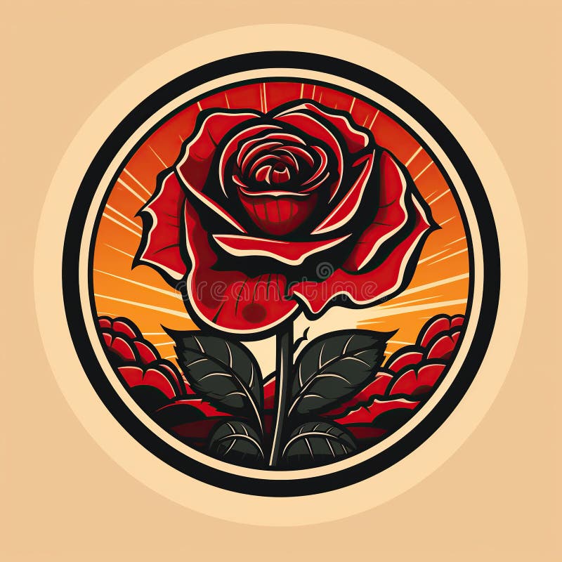 Red Rose in Round Frame with Sun Rays. Vector Illustration Concept ...