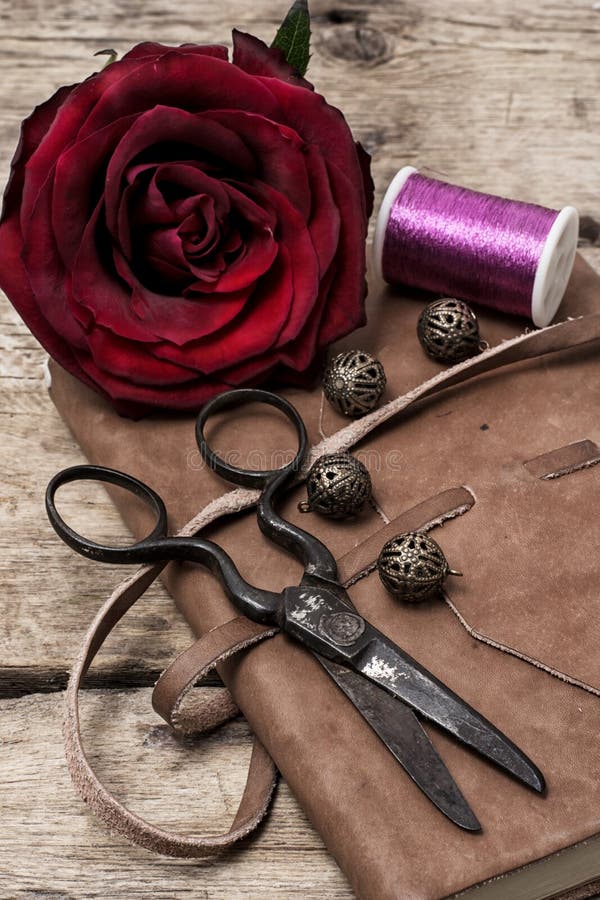 Red Rose and Sewing Accessories and Tools Stock Photo - Image of thread ...
