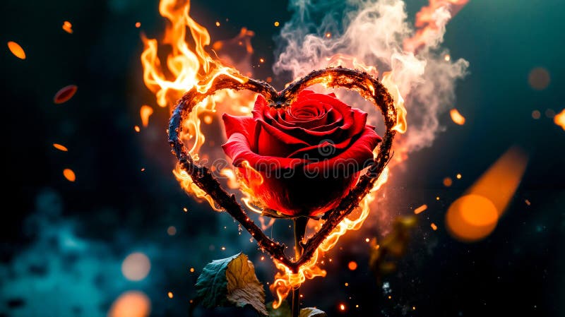 A Red Rose in the Shape of a Heart on Fire Stock Image - Image of ...