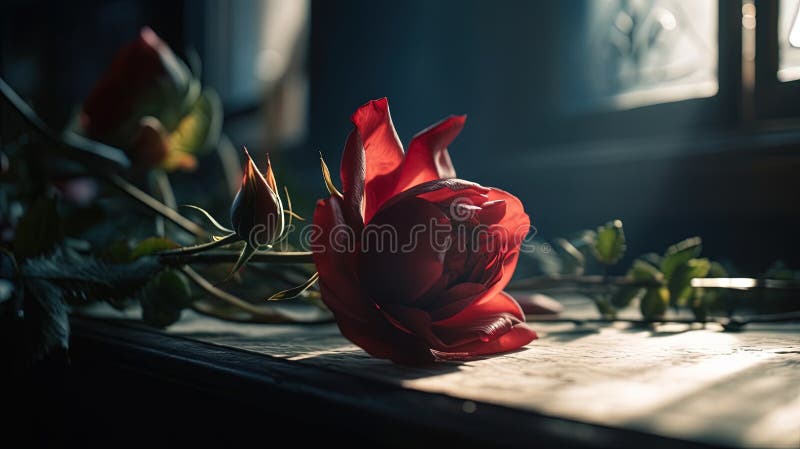 A Red Rose Sitting on Top of a Table Next To a Window Stock ...