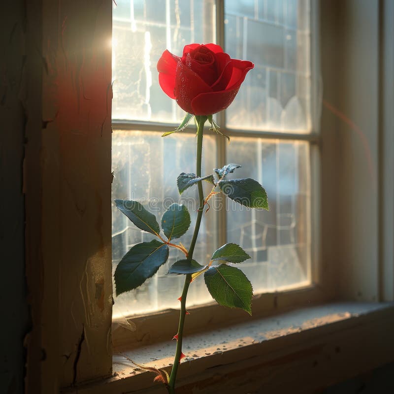 Romantic Sunlight Illuminating a Red Rose in a Serene Light Room Stock ...
