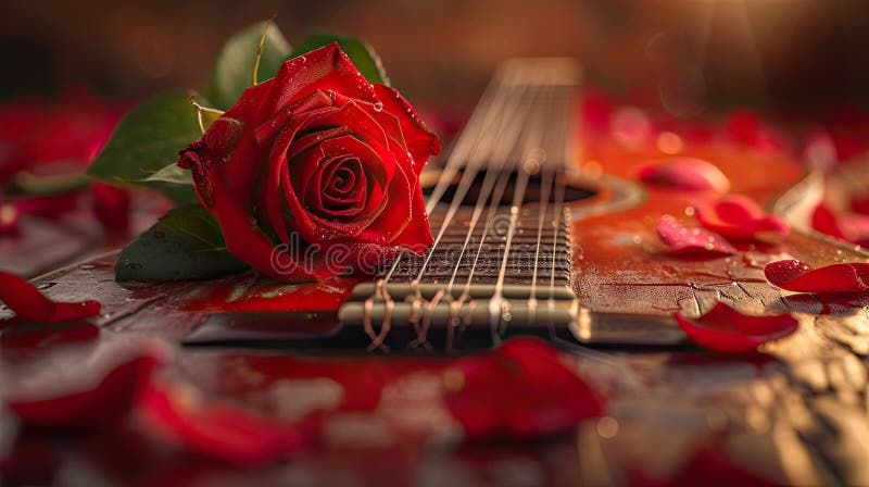 A Red Rose on the Strings of a Classical Guitar, with a Banner Backdrop Offering Ample Copy ...