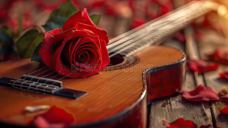 A Red Rose on the Strings of a Classical Guitar, with a Banner Backdrop ...