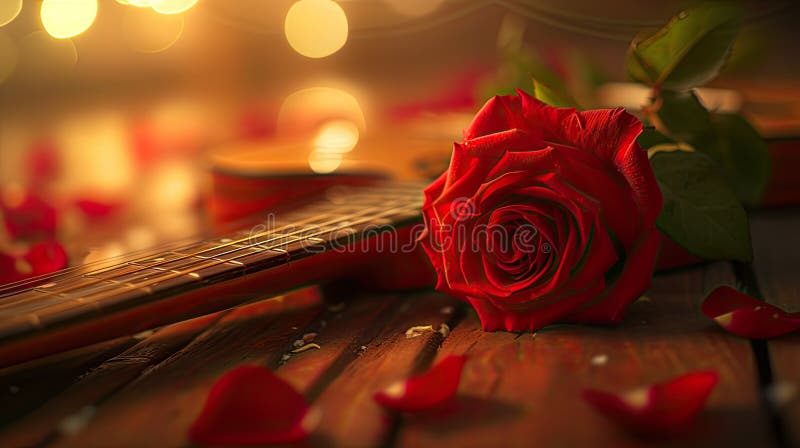 A Red Rose on the Strings of a Classical Guitar, with a Banner Backdrop ...