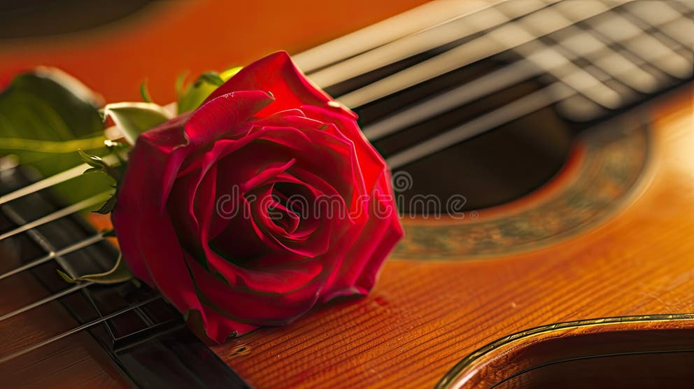 A Red Rose on the Strings of a Classical Guitar, with a Banner Backdrop ...