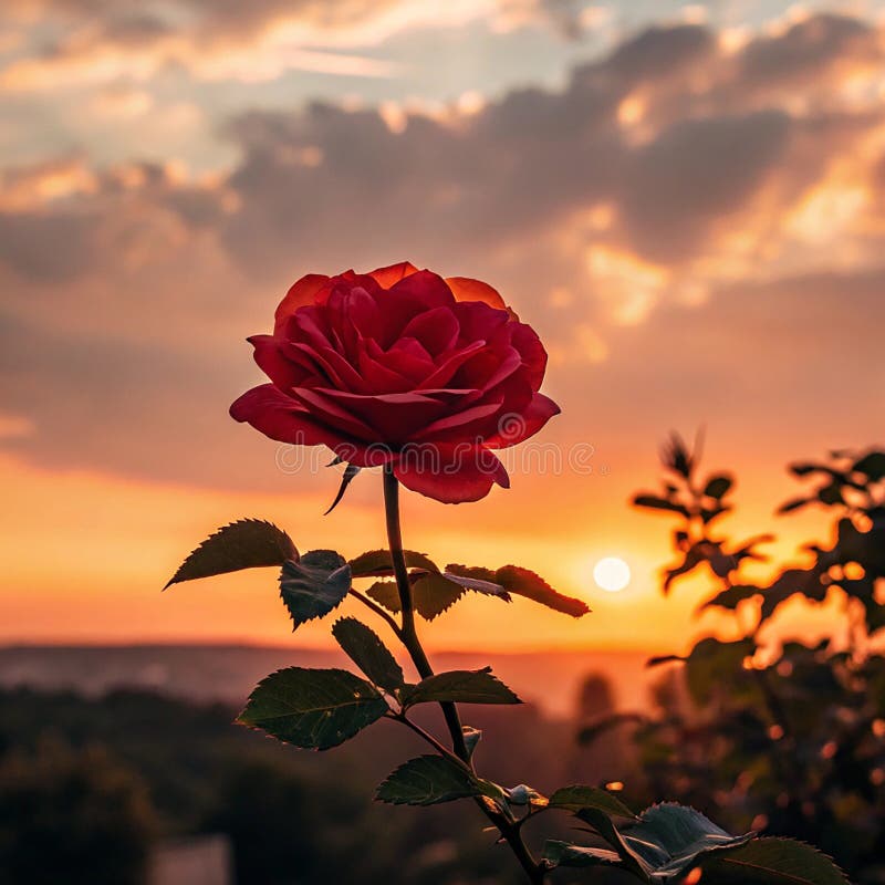 A red rose in the sunset stock photo. Image of colors - 344008892