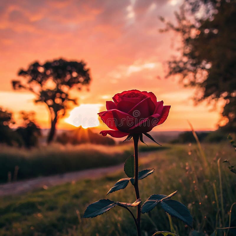 A red rose in the sunset stock photo. Image of flower - 344008904