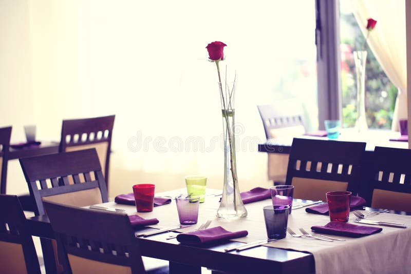 Red Rose on Table in a Restaurant Stock Photo - Image of elegant ...