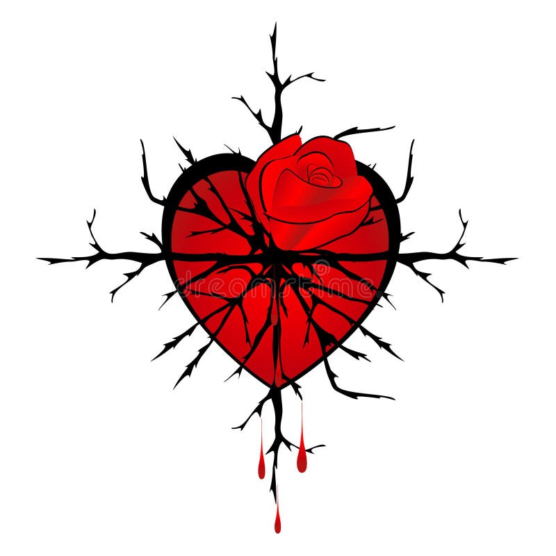 Red Rose with Thorns, Heart and Drops of Blood. Stock Vector ...