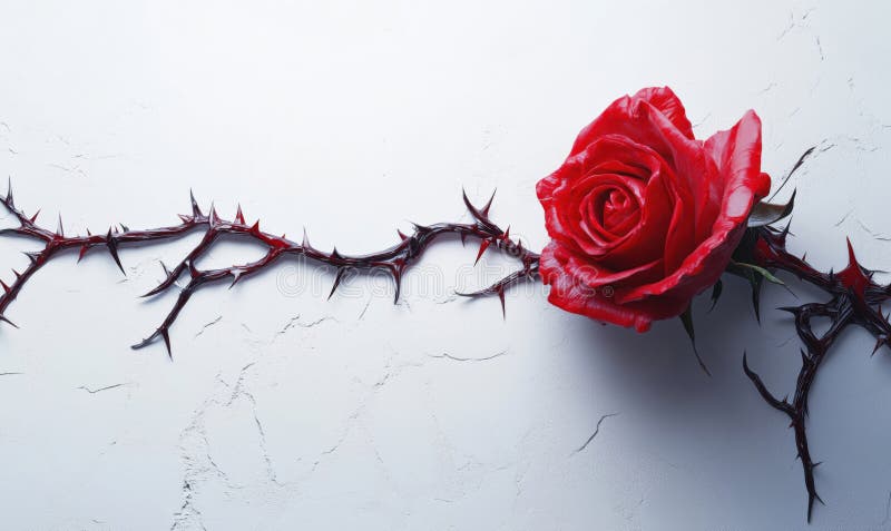 Red Rose with Thorns on White Background Symbolizing Beauty and Danger ...