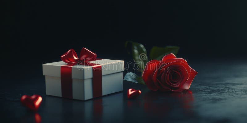 Red Rose and White Gift Box on Dark Background Stock Illustration ...