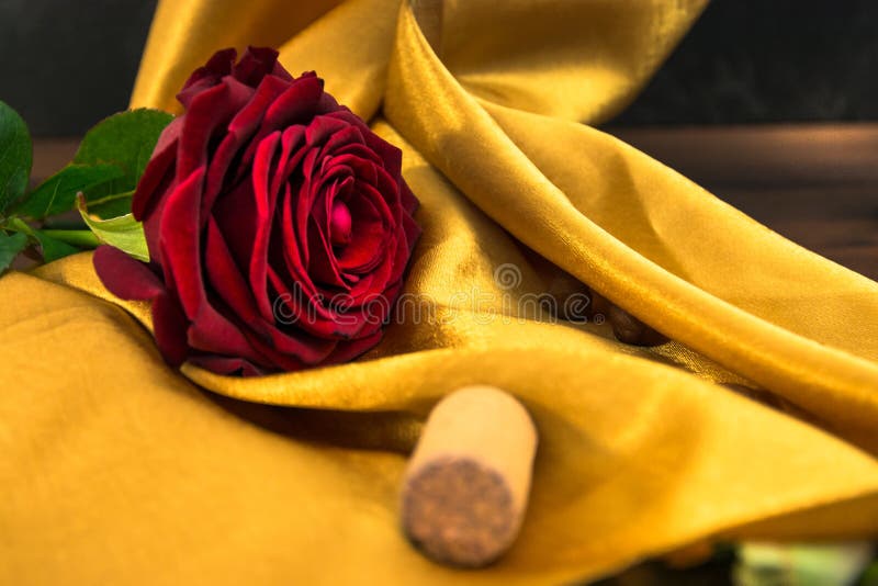 Red Rose and Wine Cork on the Gold Textile Stock Image - Image of cork ...
