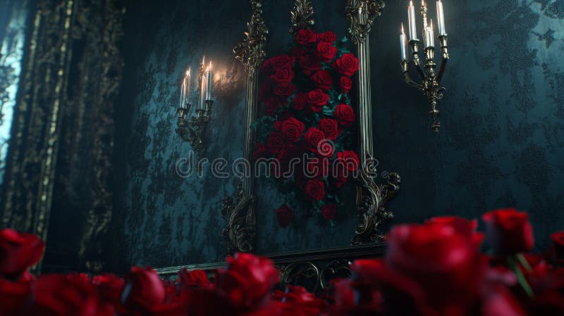 Red Roses Adorn Ornate Mirror in Dark Room Stock Illustration ...