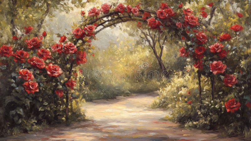 Red Roses Arching Over Garden Path Stock Illustration - Illustration of ...