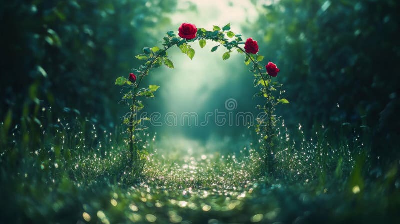 Red Roses Arching Over a Misty Forest Path Stock Illustration ...