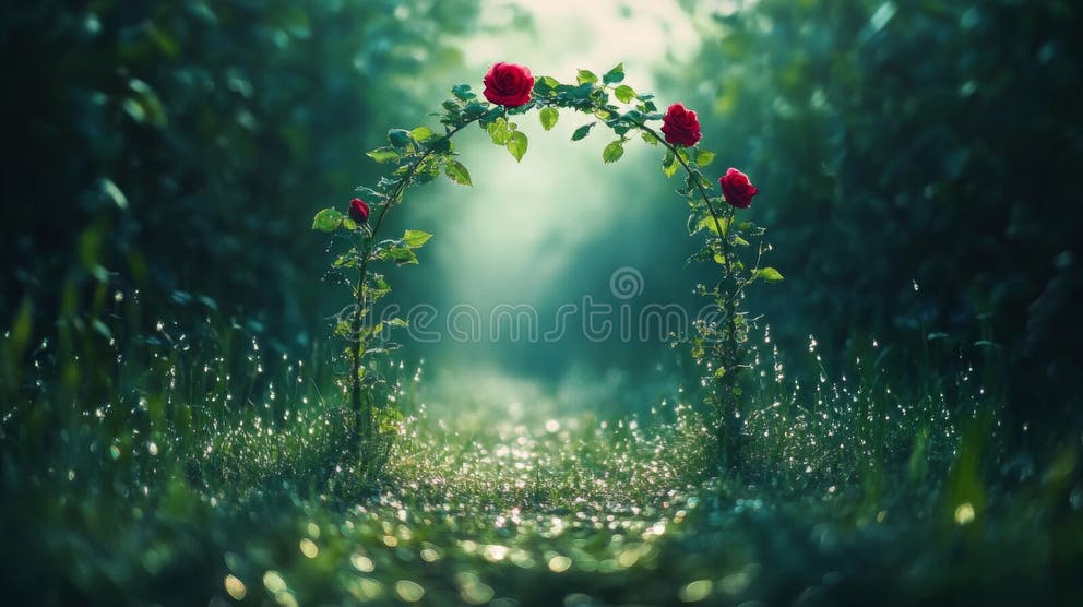 Red Roses Arching Over a Misty Forest Path Stock Illustration ...