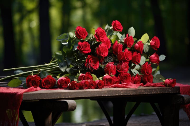 Red Roses Arranged on a Bench in a Park Stock Illustration ...