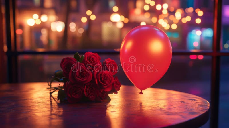 Red Roses and Balloon on a Dark Table at Night Stock Illustration ...