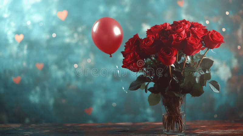 Red Roses and Balloon Romantic Valentine Arrangement Stock Illustration ...