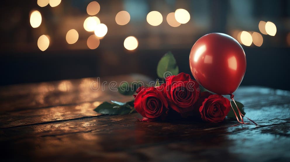 Red Roses and Balloon on Wooden Table Romantic Setting Stock ...