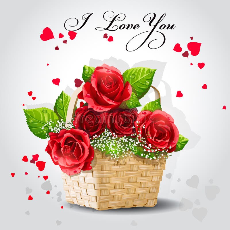 Red Roses in a Basket on a Gray Background Stock Vector - Illustration ...