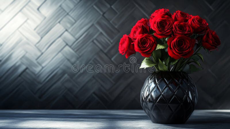 Red Roses in a Black Vase on Dark Background Stock Illustration ...