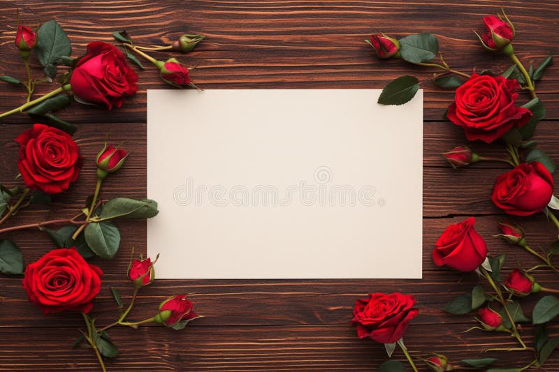 Red Roses and Blank Paper on Wooden Board, Romantic Backdrop Stock ...