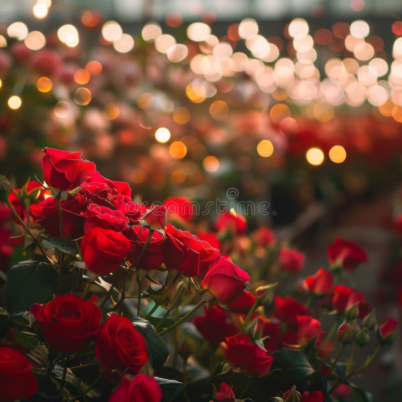 Red Roses in Bloom with a Blurred Background of Lights Stock ...