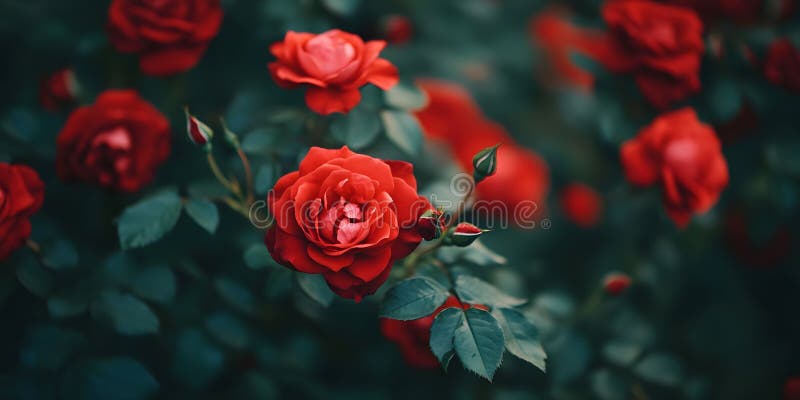 Red Roses in Bloom: a Garden of Deep Crimson Blossoms Stock ...