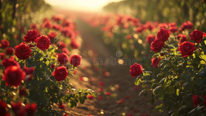Red Roses Blooming in a Garden Path with Sun Flare Stock Illustration ...