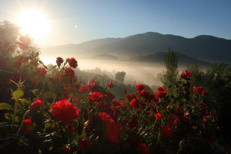 Red Roses Blooming in the Morning Sun, with Misty Mountains Visible in ...