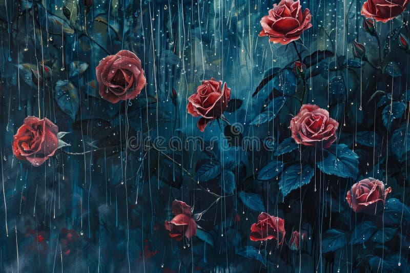 Red Roses Blooming Under the Rain in a Moody Garden Stock Illustration ...