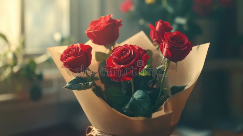 Red Roses Bouquet in Brown Paper Wrapping Stock Illustration ...