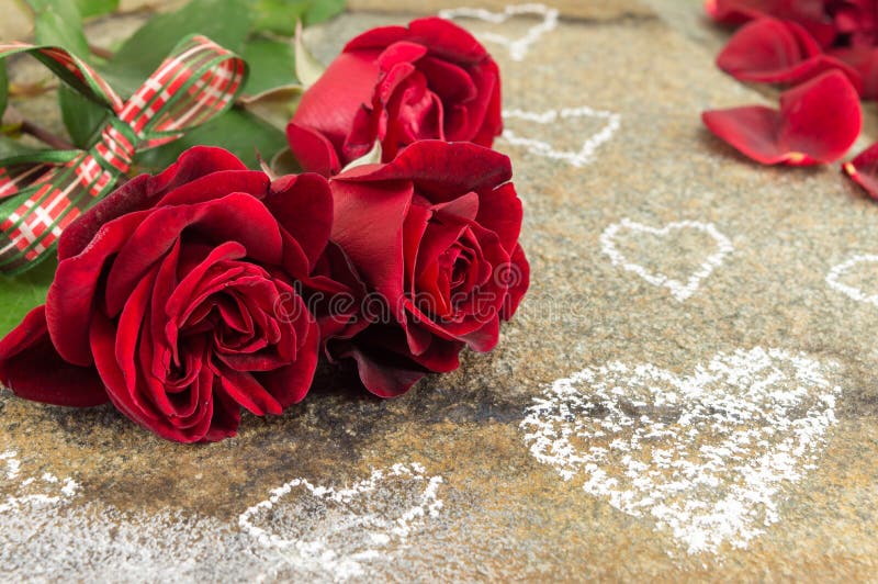 Red Roses Bouquet with Ribbon on Stone Table Stock Photo - Image of ...