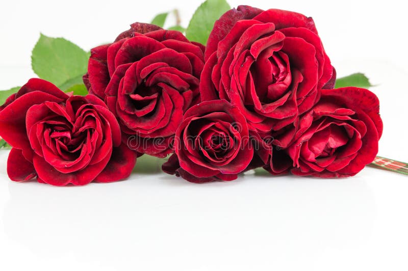 Red Roses Bouquet with Ribbon on White Table Stock Photo - Image of ...