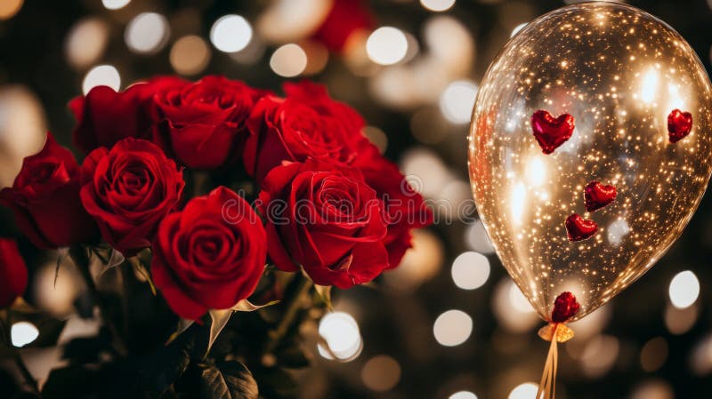 Red Roses Bouquet with a Sparkling Heart Balloon Stock Illustration ...