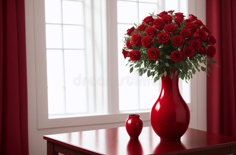 Red Roses Bouquet in Vase on Table. Generative AI. Stock Illustration ...