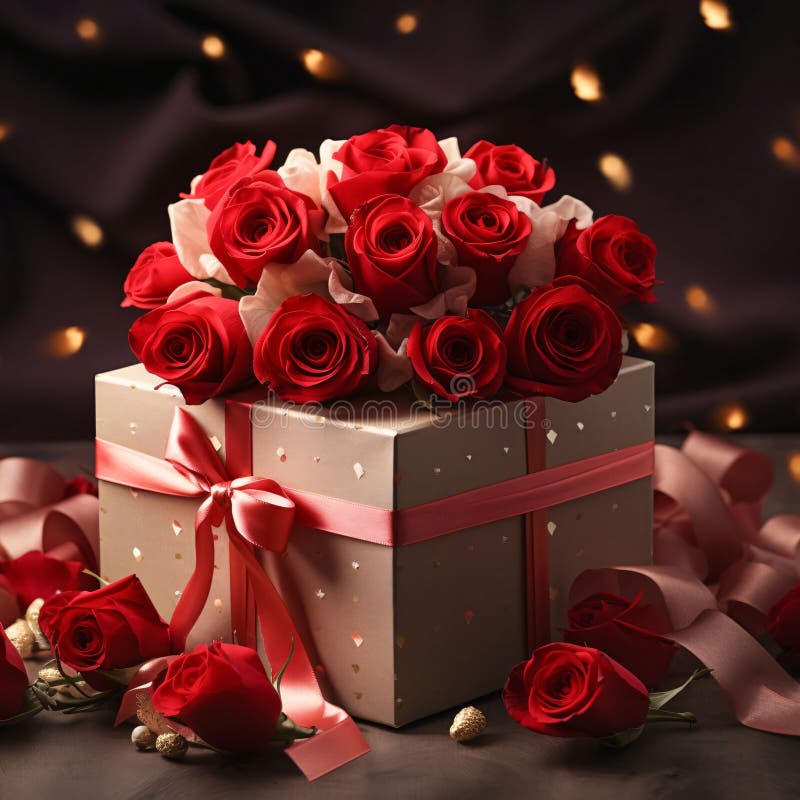 Red Roses on a Box with a Red Bow, Dark Background. Heart As a Symbol ...