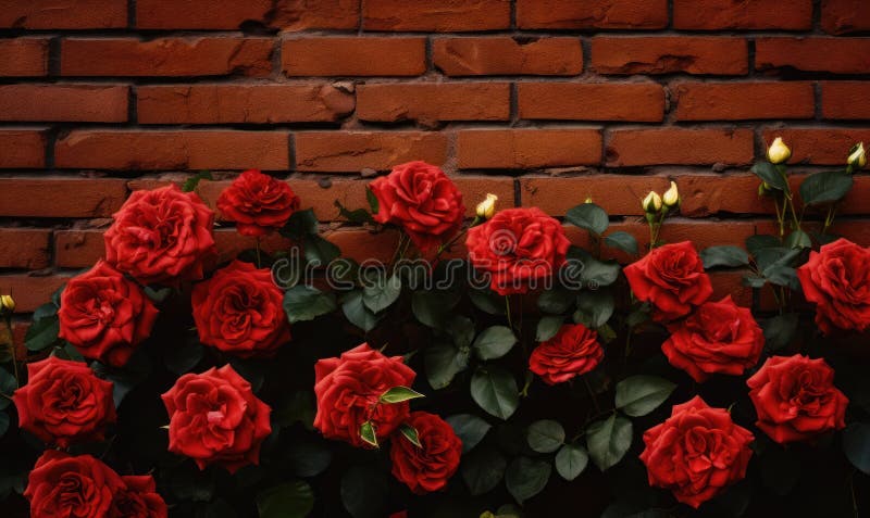 Red Roses on a Brick Wall Background with Copy Space for Text Stock ...