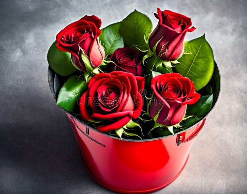 Red Roses in a Red Bucket. View from Above Stock Illustration ...