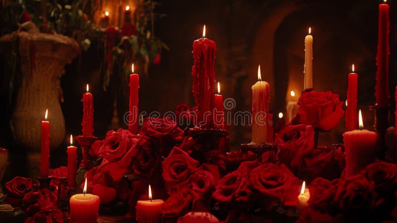 Red Roses and Candles in Dark Romantic Setting Stock Illustration ...