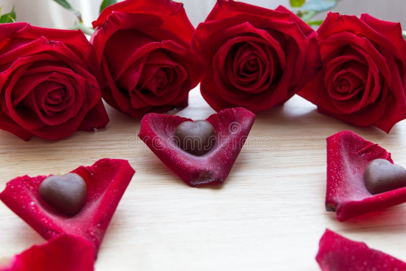 Red Roses with Chocolate in Petals Stock Image - Image of nature ...