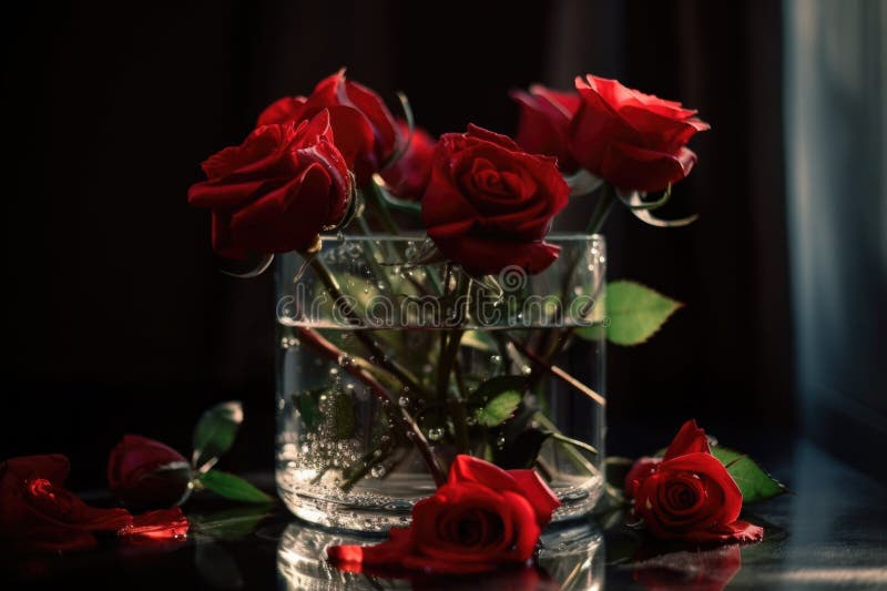 Red Roses in a Clear Vase, with Water and Light Behind Stock ...