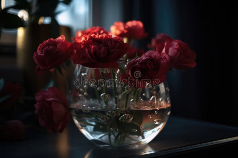 Red Roses in a Clear Vase, with Water and Light Behind Stock ...