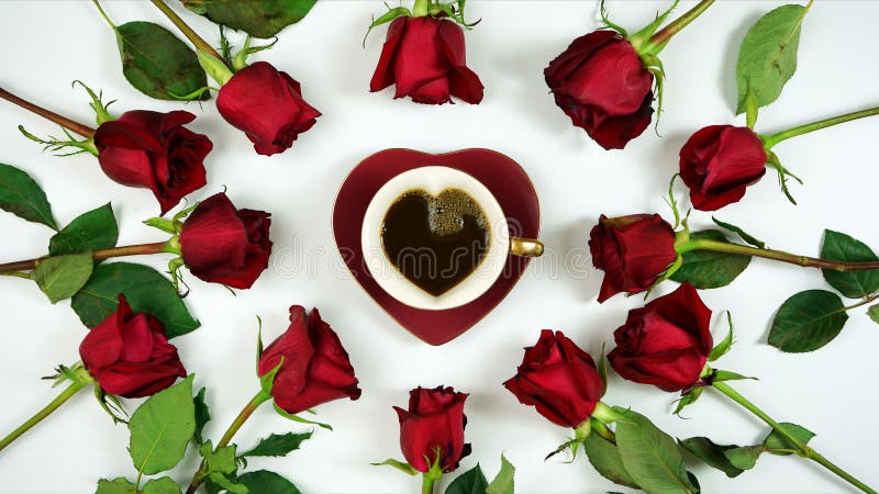 Red Roses Coffee Break Creative Composition Flat Lay Stop Motion. Stock ...