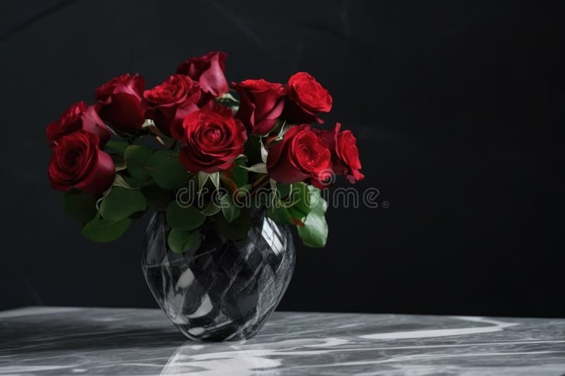 Red Roses in a Crystal Vase on a Black Marble Table Stock Illustration ...